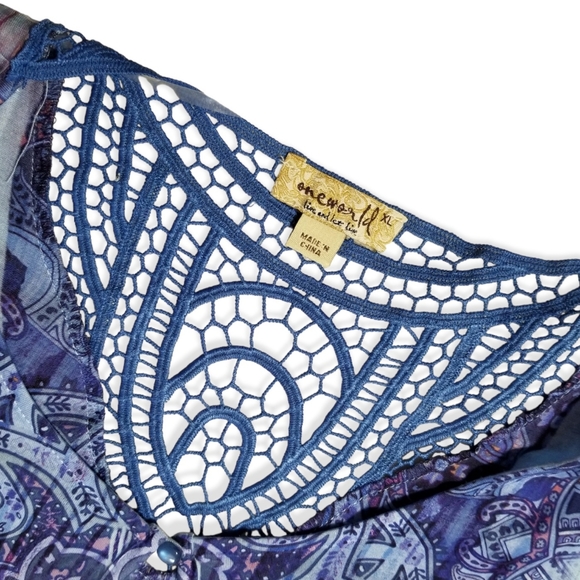 ONE WORLD | Tops | One World Blue Printed Applique Embellished 34 ...